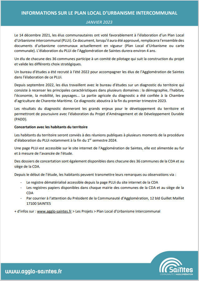 INFORMATIONS SUR LE PLAN LOCAL D’URBANISME INTERCOMMUNAL